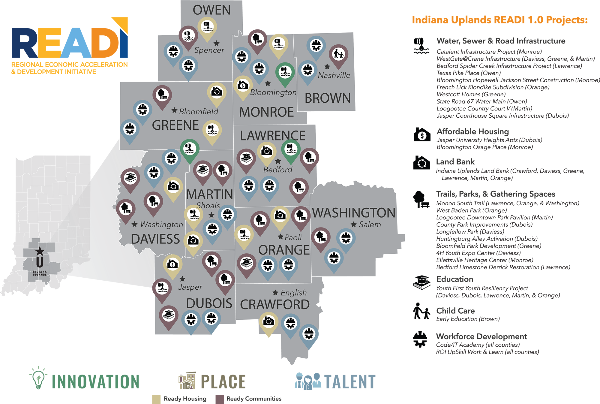 Indiana Uplands READI 1.0 Project Map » Regional Opportunity Initiatives